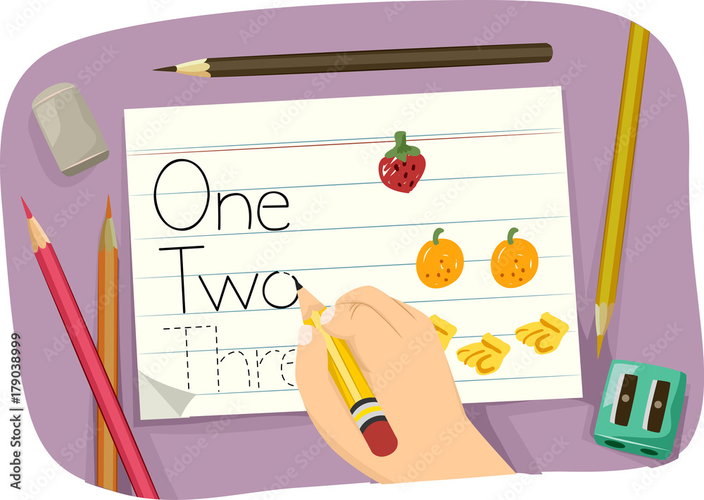 Kid Hand Practice Number Words Illustration Stock Vector | Adobe Stock