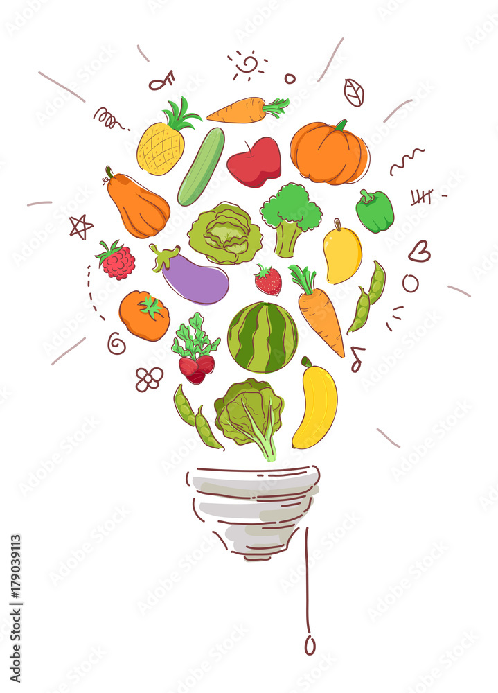 Vegetables Fruits Light Bulb Illustration Stock Vector | Adobe Stock