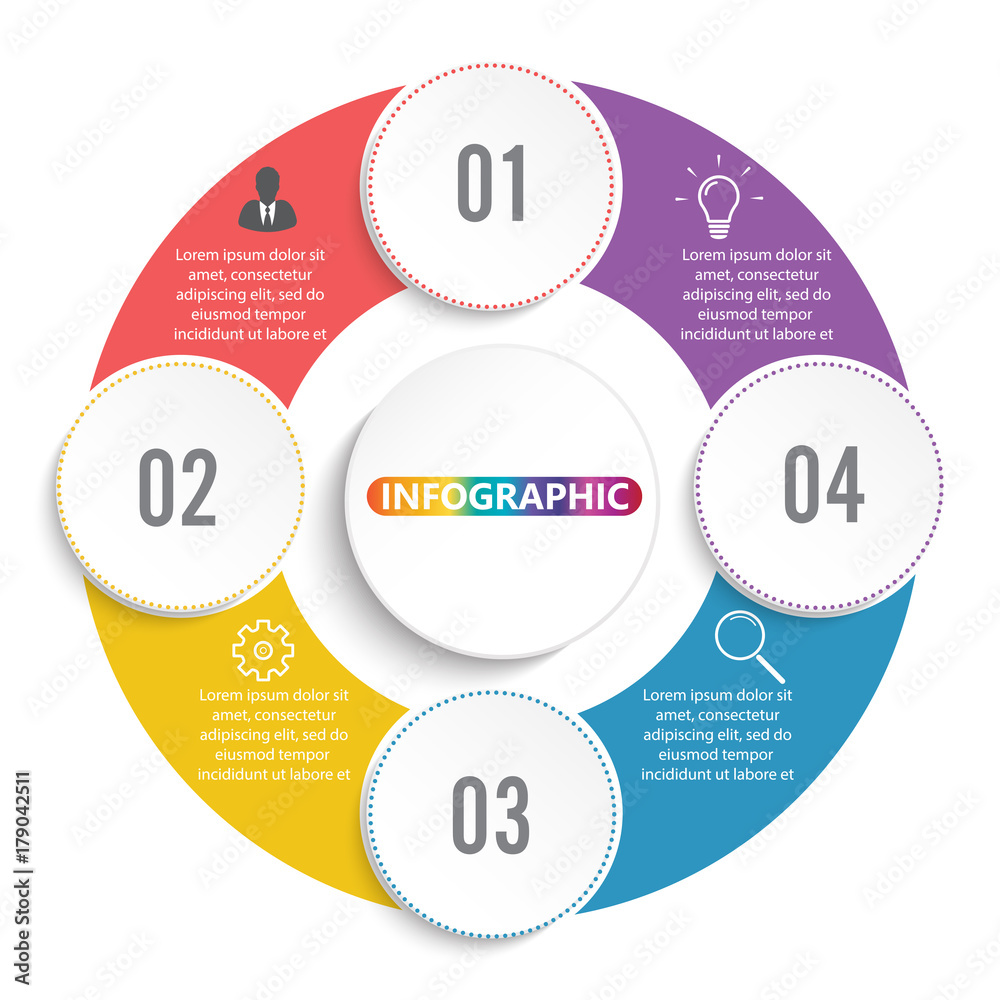 Vector infographic circle template with 4 steps, parts, options, sectors, stages. Can be used ...