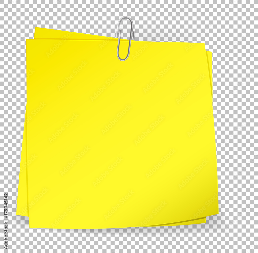 Colorful sticky notes attached with metallic paper clip on transparent ...