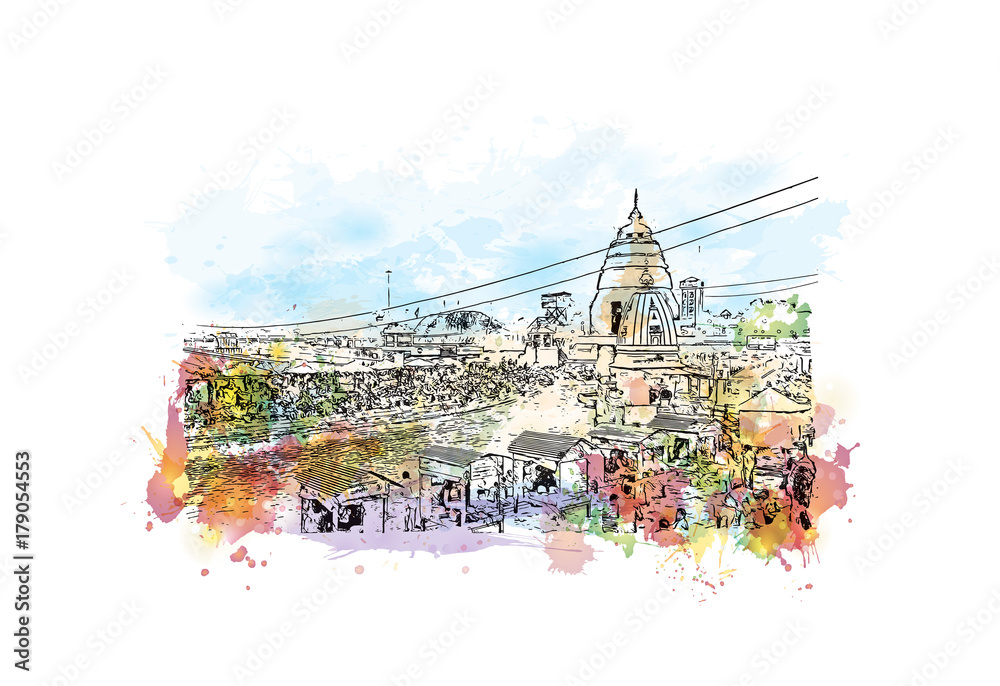 Watercolor sketch with splash of Ganga Uttarakhand, India in vector ...