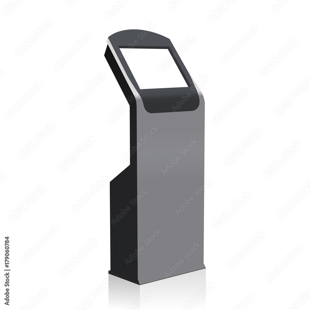 Touch screen self-service terminal. LCD kiosk - half side view. Vector ...