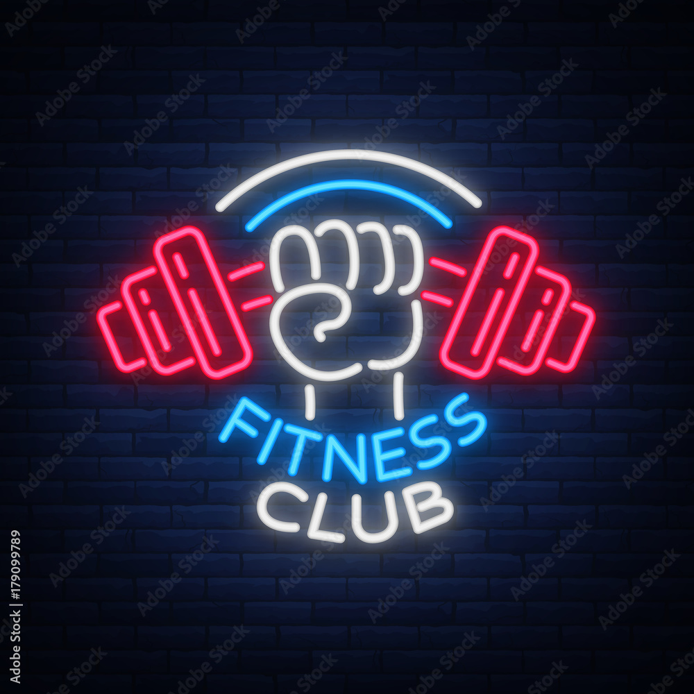 Fitness, gym logo sign in neon style isolated, vector illustration. A ...