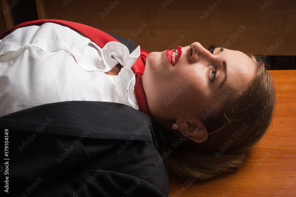 Crime scene with strangled business woman in office Stock Photo | Adobe ...