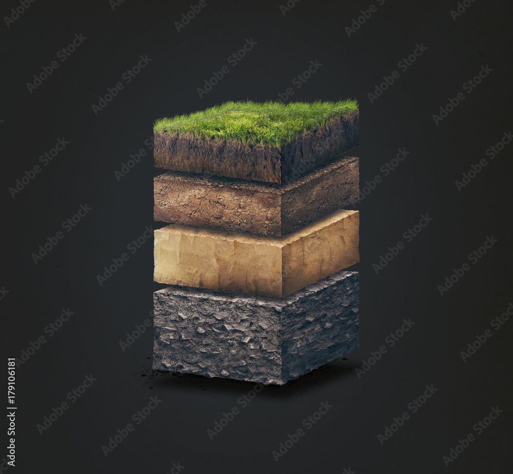 Soil layers. Cross section soil layers. 3D illustration isolated on ...