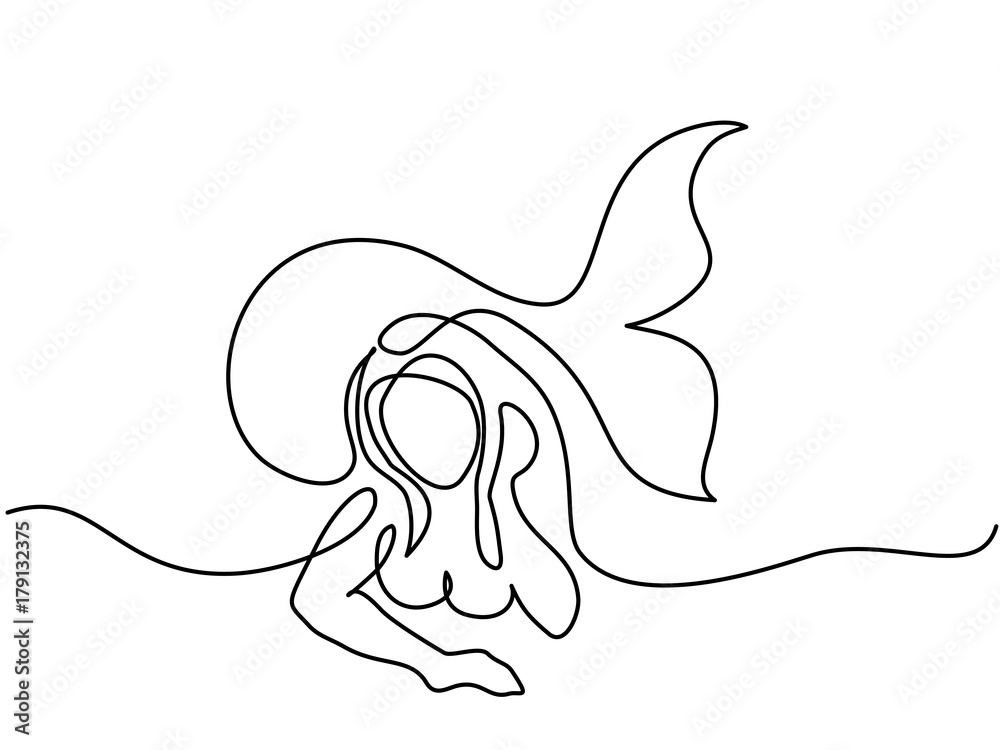 Mermaid laying and dreaming on the beach. Continuous line drawing ...