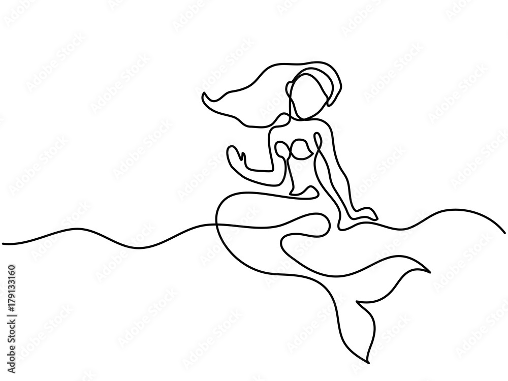 Mermaid sitting and dreaming on the beach. Continuous line drawing ...