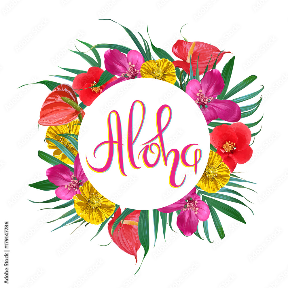 Aloha lettering. Vector frame with exotic flowers and palm leaves ...