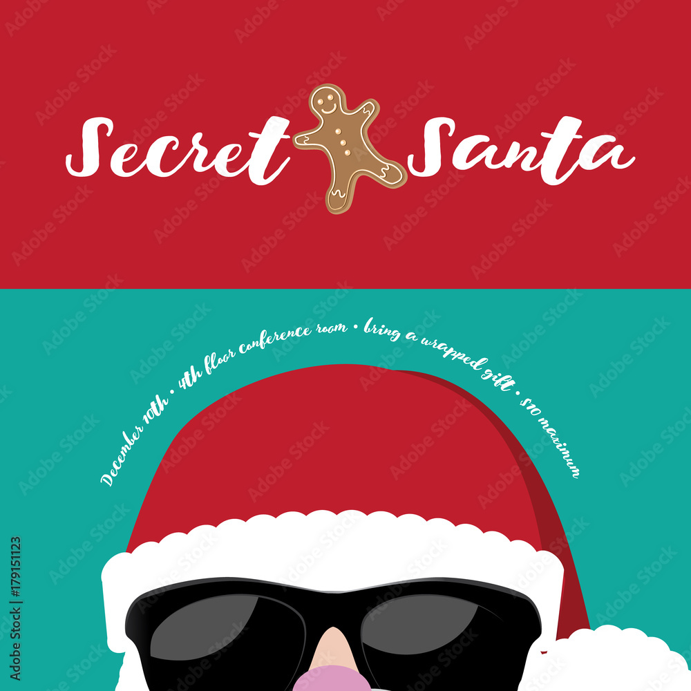 Secret Santa Christmas party background template. With cartoon Santa ...