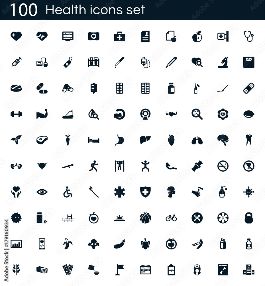Health icon set with 100 vector pictograms. Simple filled medical icons ...