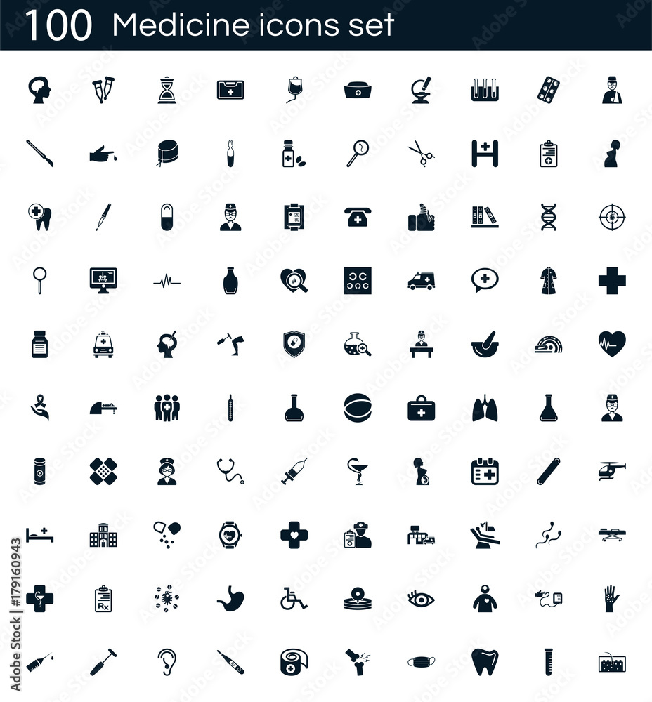 Medicine icon set with 100 vector pictograms. Simple filled medical ...