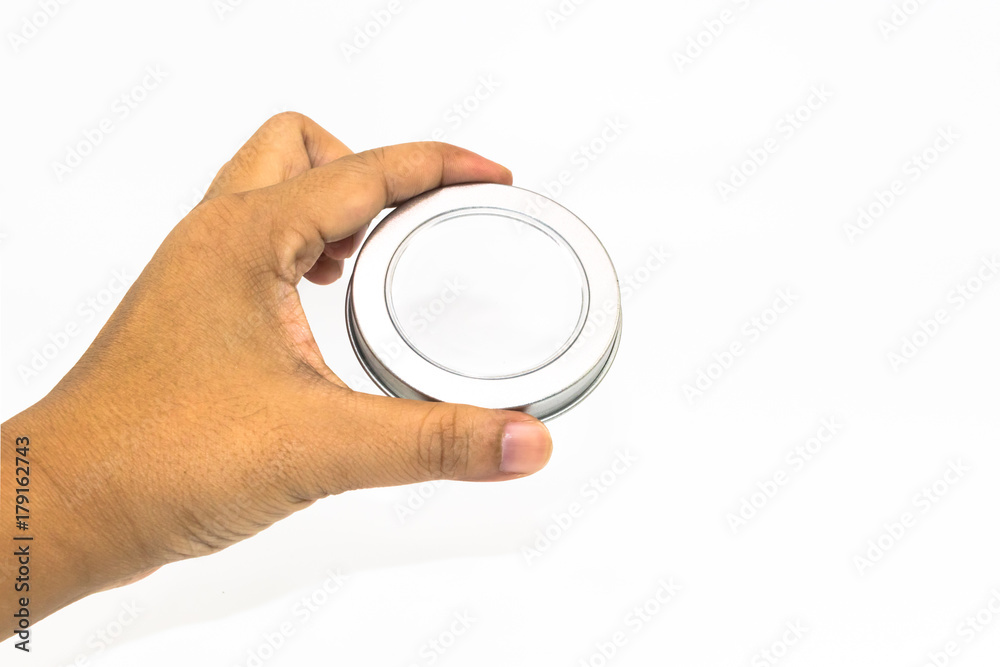 Hand's man holding transparent of metalic round lid Stock Photo | Adobe ...