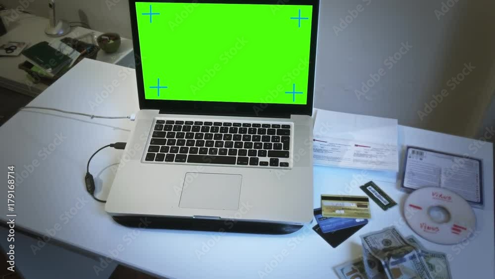 Hacker Crime Scene With Green Screen Computer, Zoom In. Green screen ...