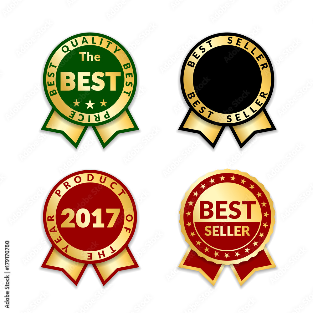 Ribbons award best price label set. Gold ribbon award icon isolated ...