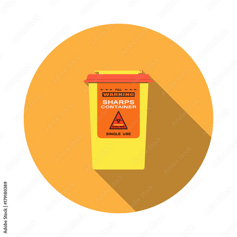 Vector isolated icon of sharps container with hinged lid and sticker ...