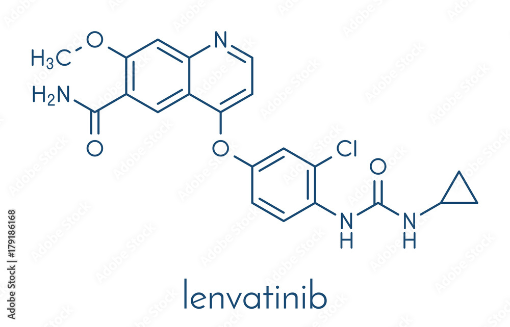 Lenvatinib cancer drug molecule (multi-kinase inhibitor). Skeletal ...