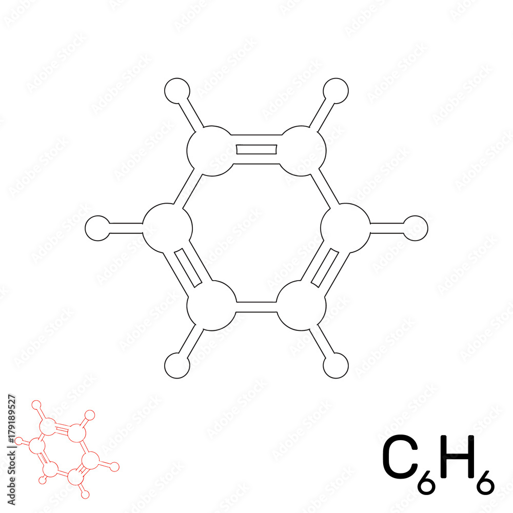 Benzene model molecule. Isolated on white background. Vector outline ...