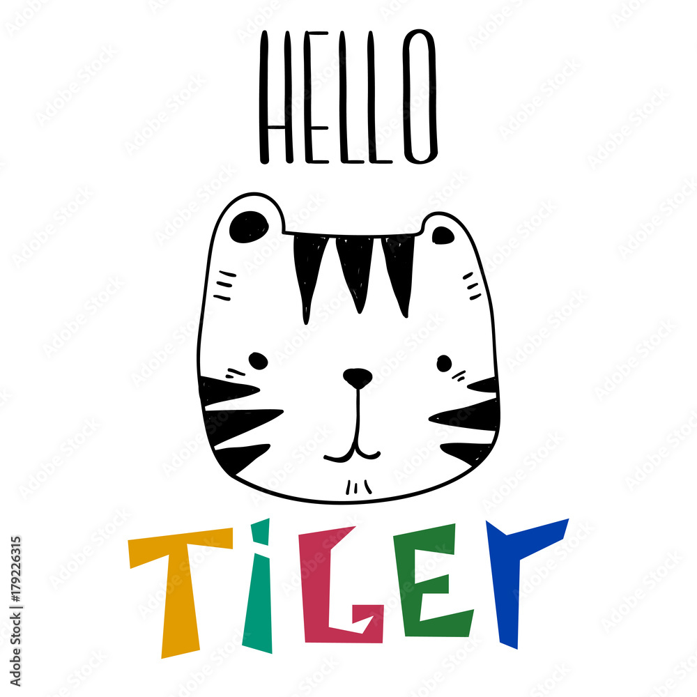 stylized baby tiger yand drawn illustration vector for print design ...
