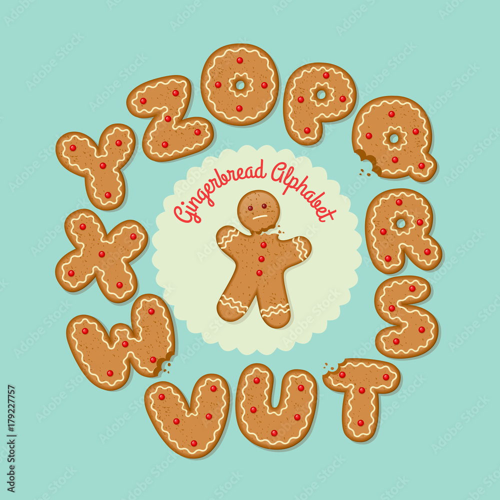 Gingerbread man with set of gingerbread cookie letters, O through Z ...