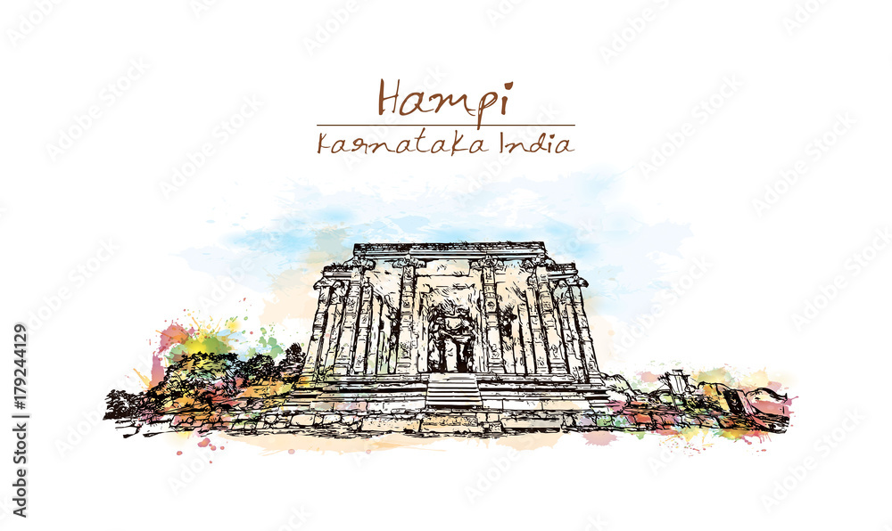 Watercolor sketch with splash of kadalekalu ganesha temple Hampi ...