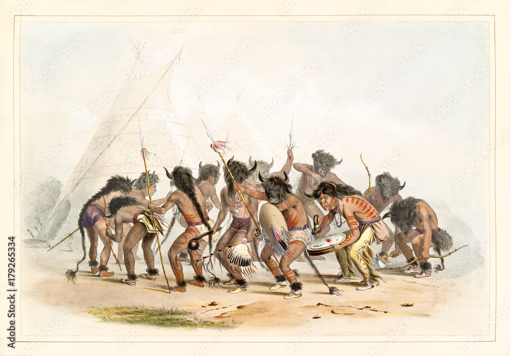 Old watercolor illustration of the native indian buffalo dance. By G ...