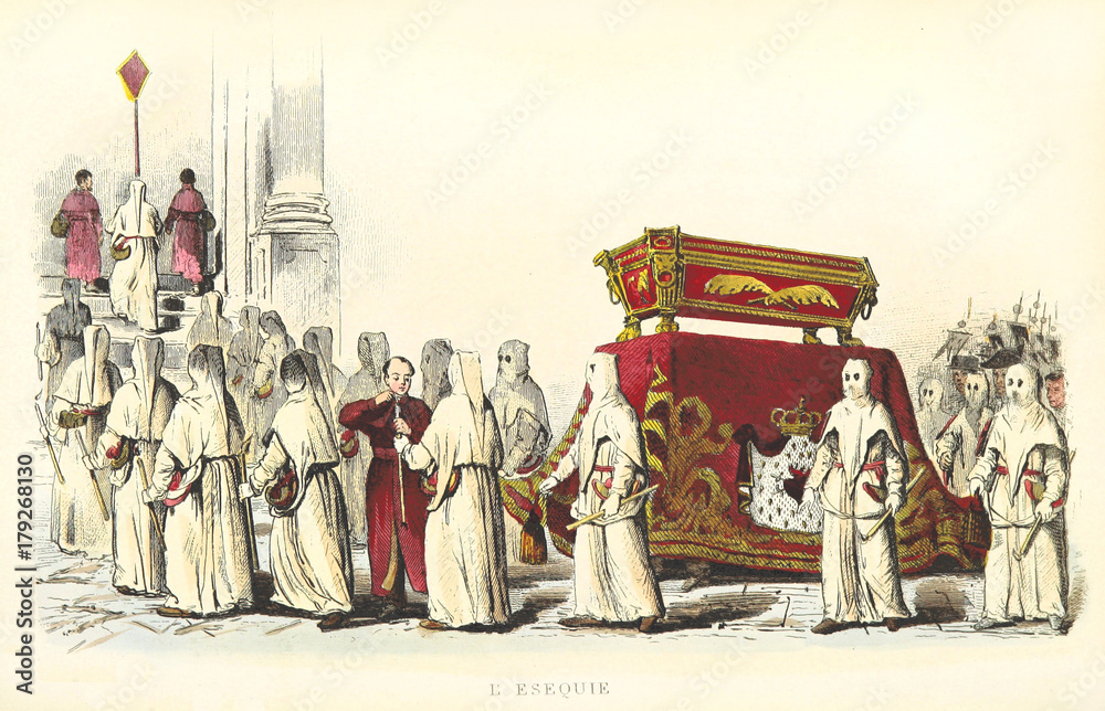 Funeral rite. Hooded men carrying a red coffin inside a church. Outdoor ...