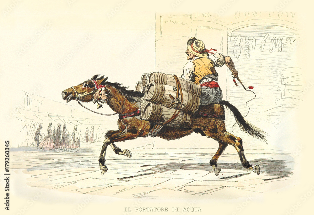 Ancient water transportation by horse. Old illustration by F. Palizzi ...