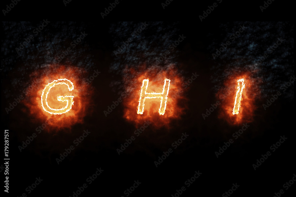 burning font g, h, i, fire word text with flame and smoke on black ...