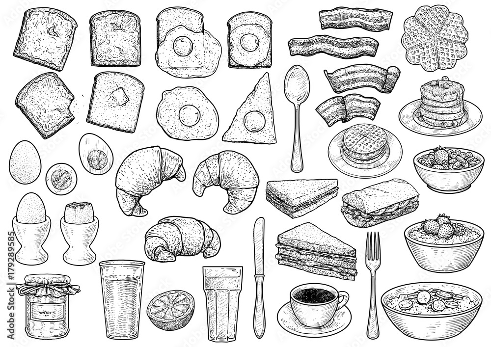 Breakfast collection illustration, drawing, engraving, ink, line art ...