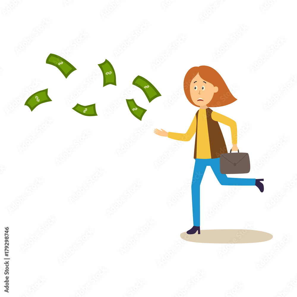 Sad, upset woman running after money flying away, cartoon vector ...