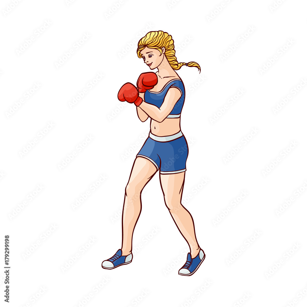 vector cartoon muscular strong cute beautiful woman, girl in boxing ...