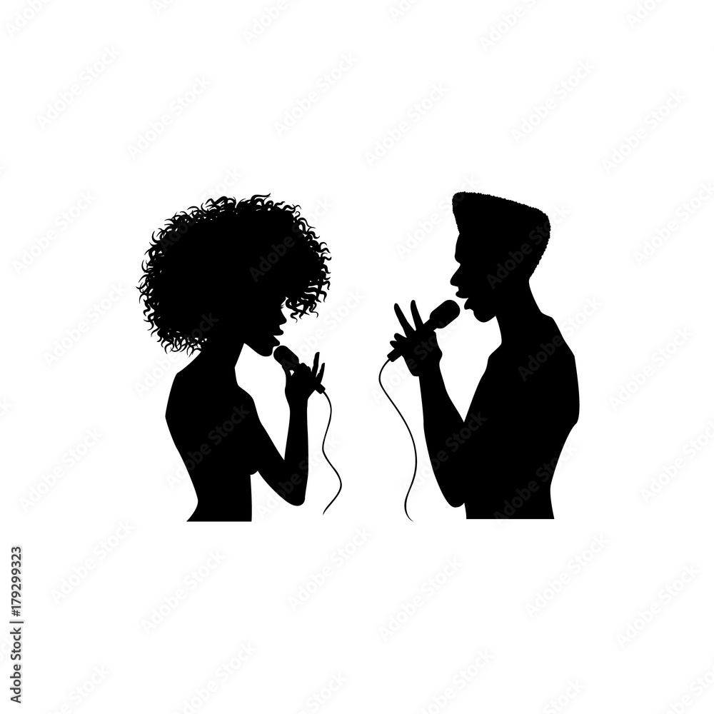vector man and woman portrait silhouettes singing with microphone set ...