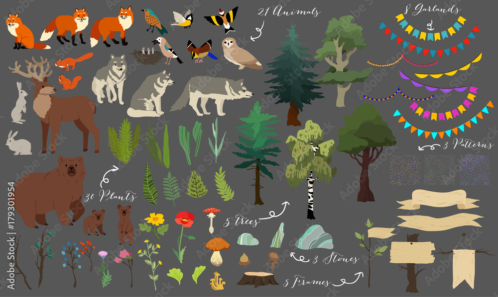 Set of cute forest elements - animals, trees and other. Vector ...