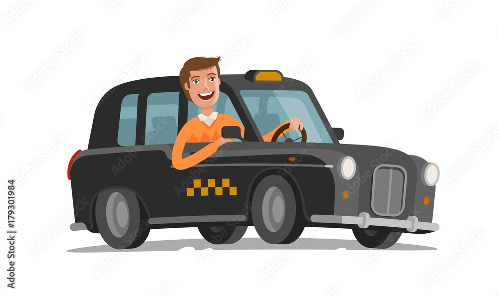 Happy driver is driving taxi. Passenger transportation, car, vehicle ...