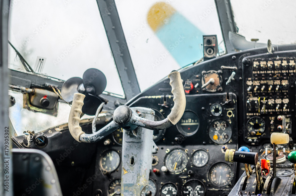 Vintage airplane cockpit interior. Cockpit of an old biplane Stock ...