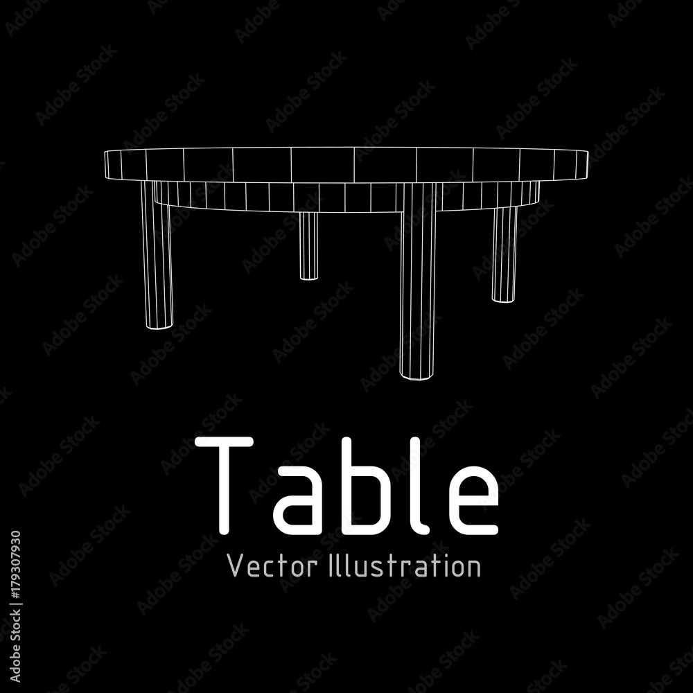 Round Table furniture wireframe blueprint. Linear outline pedestal ...