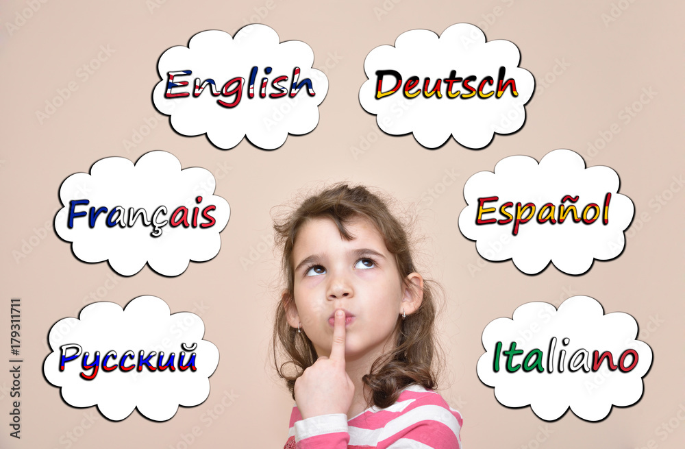 Thoughtful young girl thinking which languages to learn. Six different ...