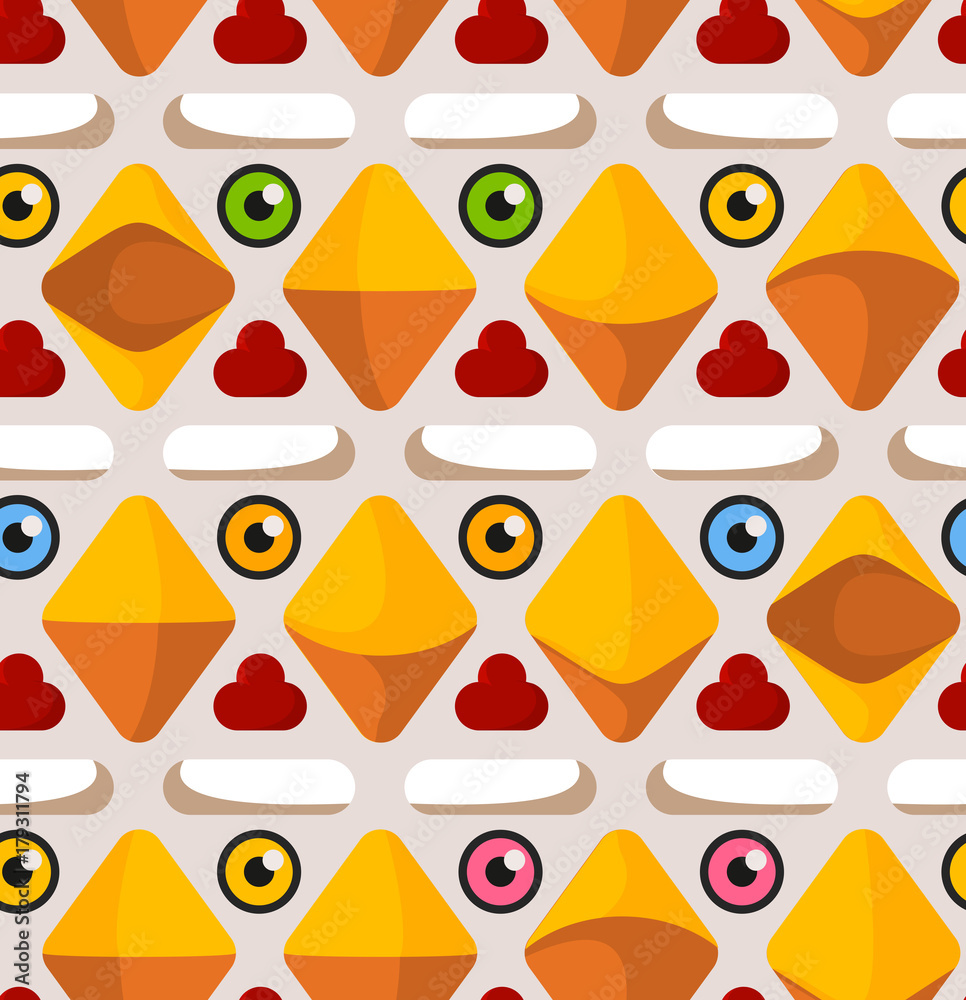 Many heads of birds repeat on white background. Cartoon chickens with ...