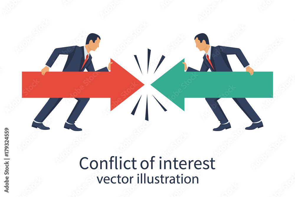 Conflict of interest. Business concept. Two businessmen keep the arrows ...