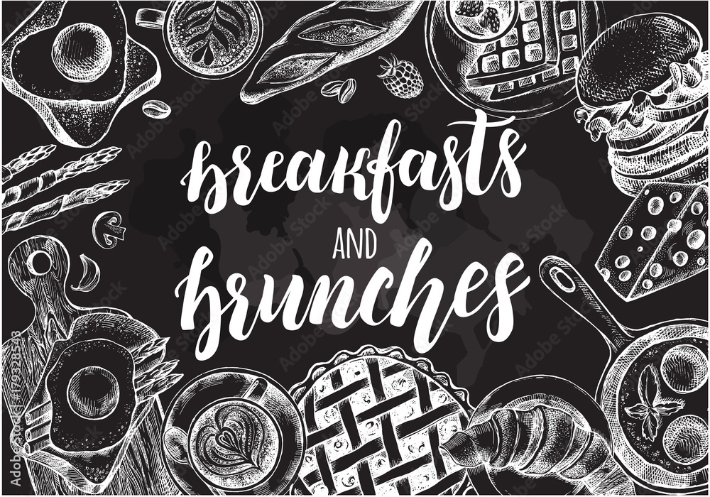Background with ink hand-drawn food and drinks. Breakfast and brunch ...