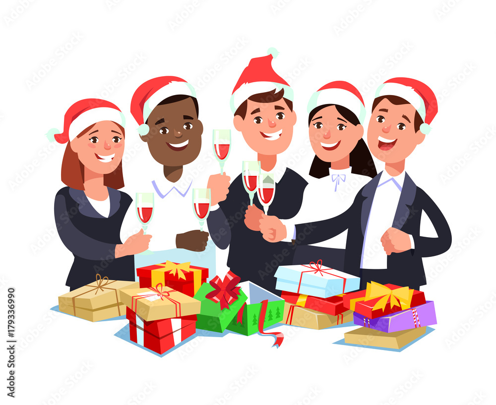 Christmas corporate party. Vector illustration group young people in ...