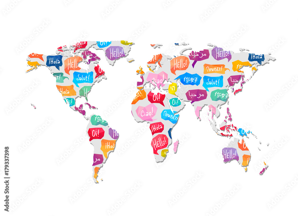 World map with pattern of speaking bubbles with word Hello Stock Vector ...