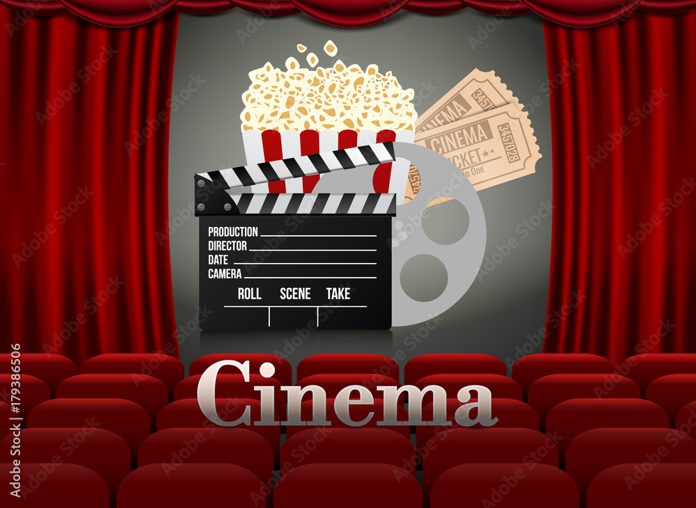 Movie theater with row of red seats popcorn and tickets. Premiere event ...