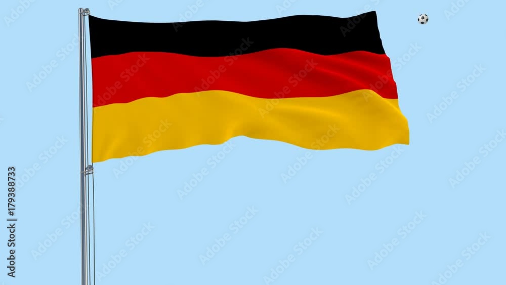 A realistic soccer ball flies around the realistically fluttering flag ...