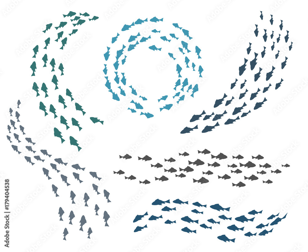 Small fish groups vector illustration. Swimming fishes silhouettes ...