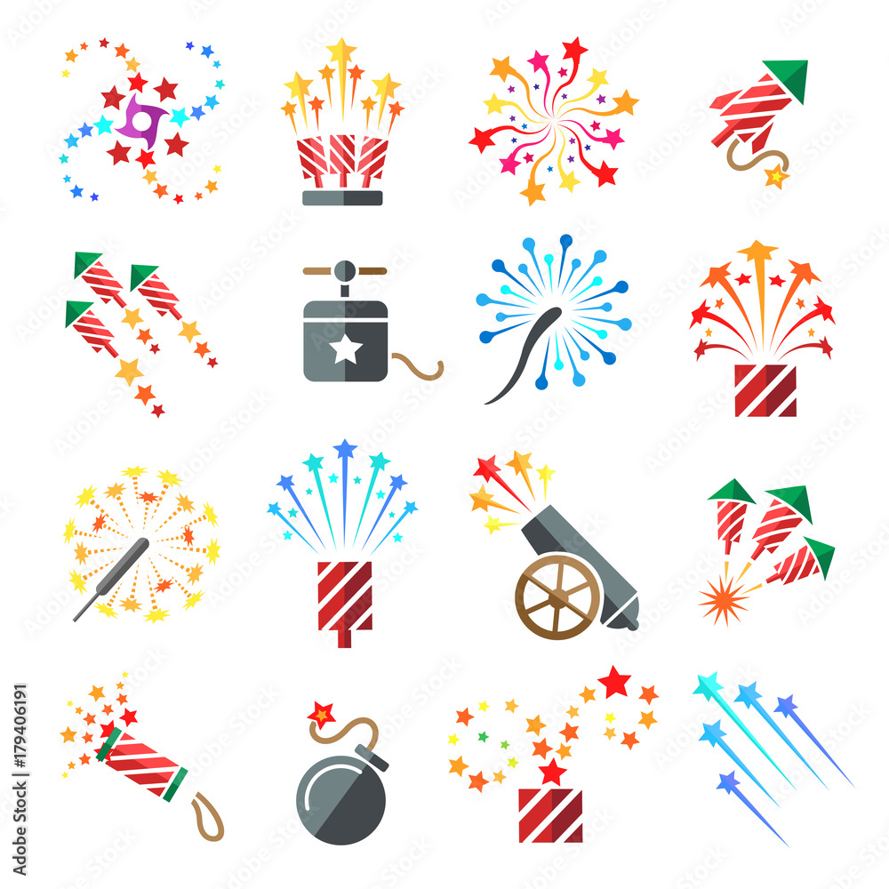 Pyrotechnic colored icons. Holiday sky fire crackers and cracker ...
