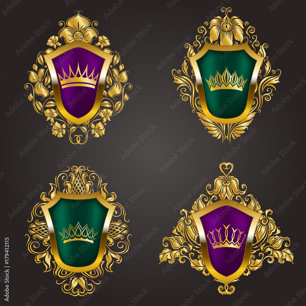 Set of golden royal shields with filigree floral elements for page, web ...