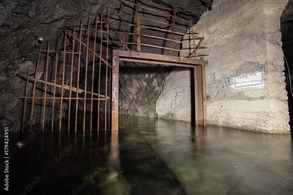 Underground mine shaft iron ore tunnel gallery with flooded water Stock ...