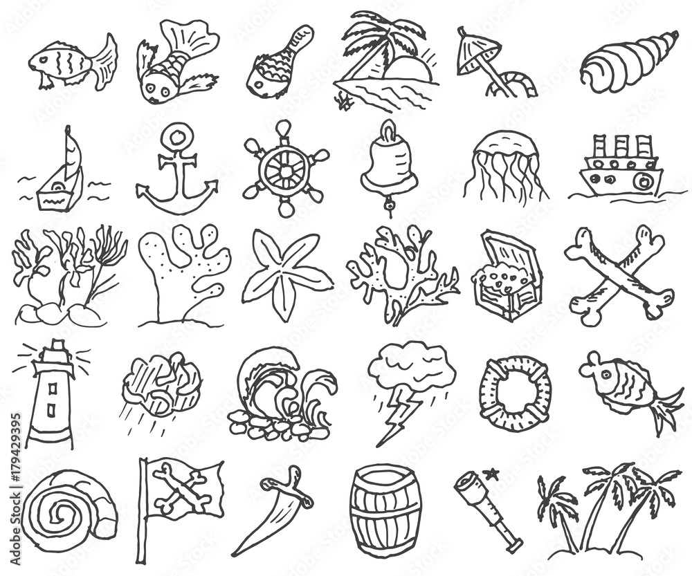 Hand drawn doodle Boat and Sea set Vector illustration boat icons sea ...