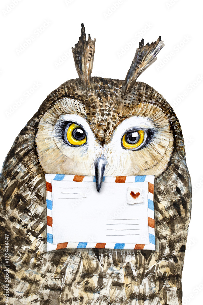 Cute owl portrait with big eyes holding in beak a mail envelope. Owl ...